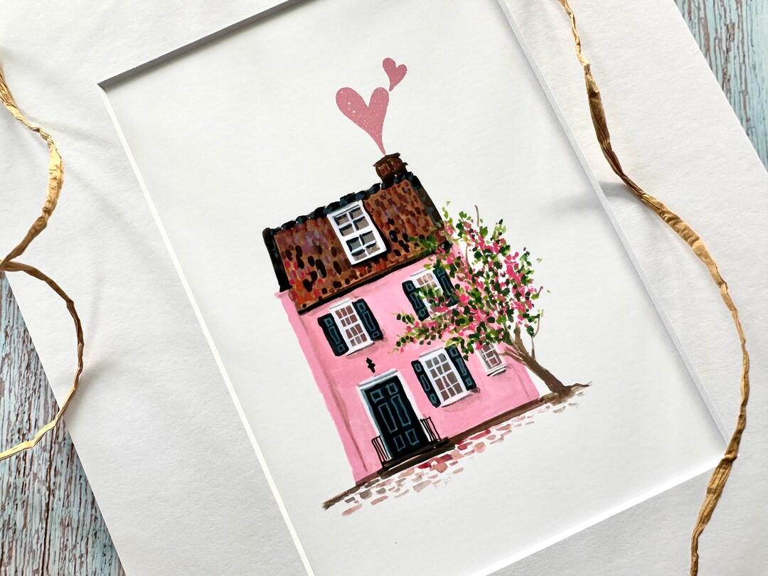 Art Print, Wall Art, Pink House, Love Hearts, Wedding Gift, Home Decor ...