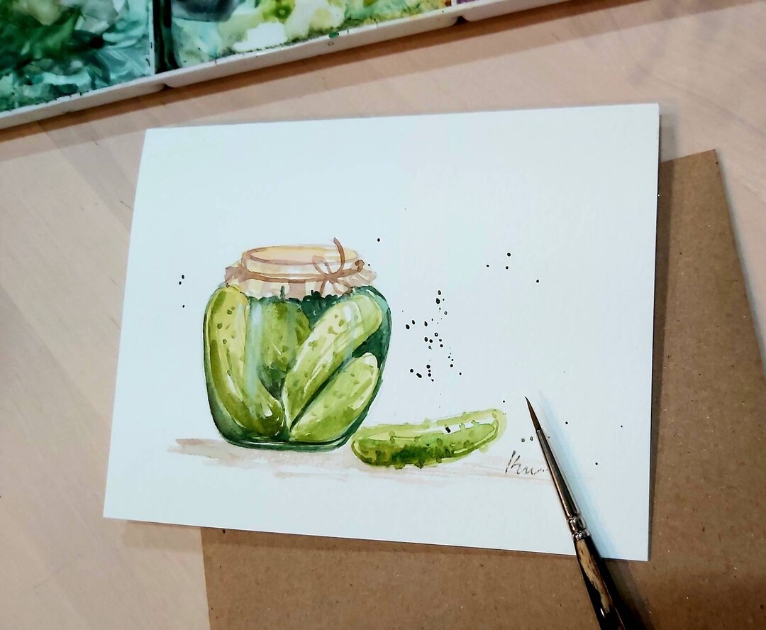 Original Watercolor Hand Painted Pickle Jar Food Art - Etsy
