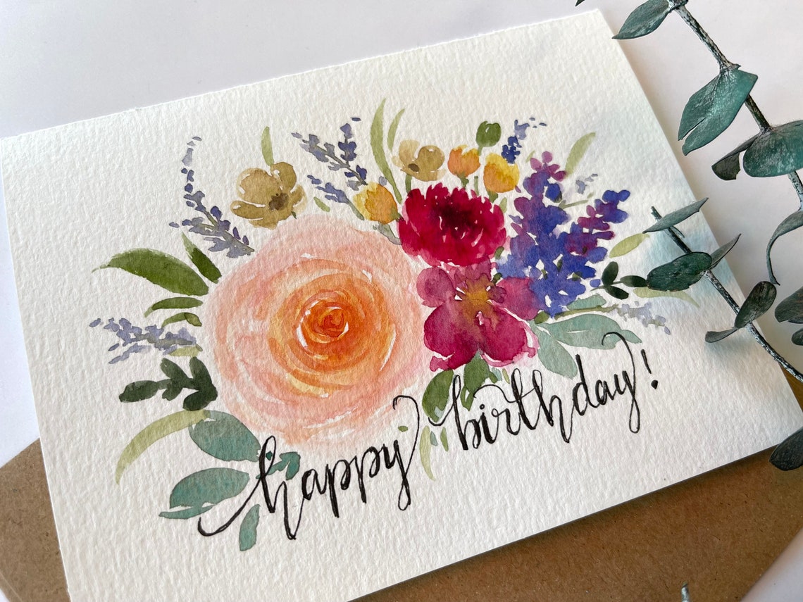Original Hand Painted Watercolor, Floral, Birthday Card, Happy Birthday ...