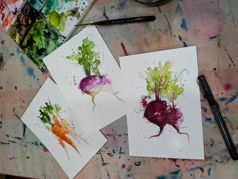 5x7 Set of 3 Original Hand Painted Watercolor Root Vegetables - Etsy
