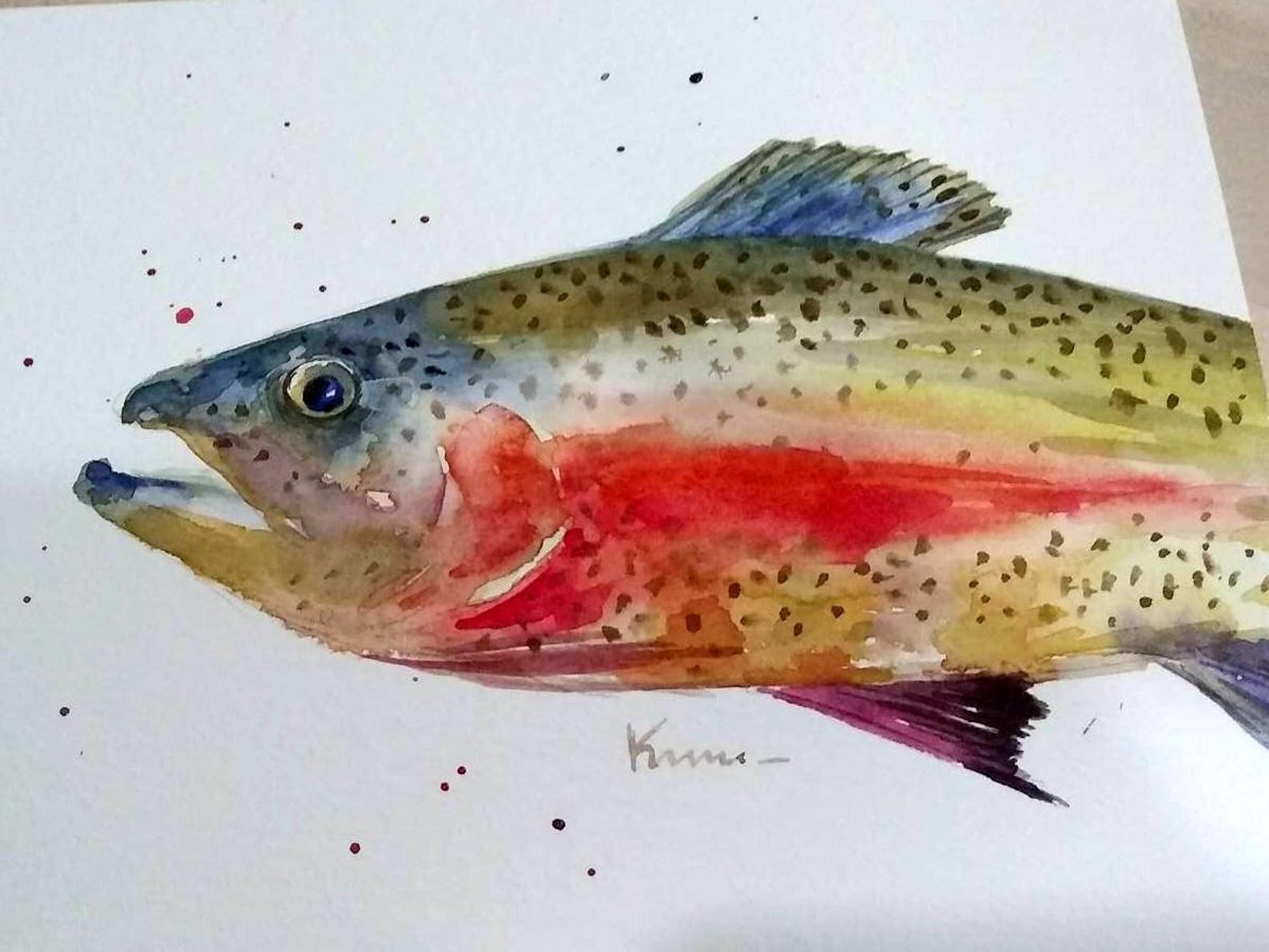 5"x7" Original Hand Painted Watercolor, Rainbow Trout Fish Kitchen Art ...