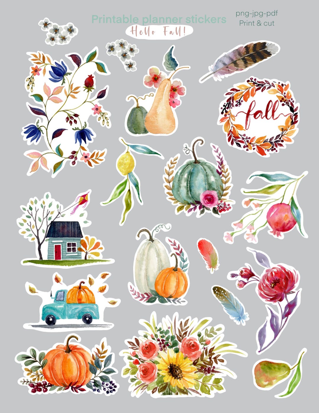 Printable Digital Sticker Sheet 8.5”x11”, Fall Themed Sticker Sheet for ...