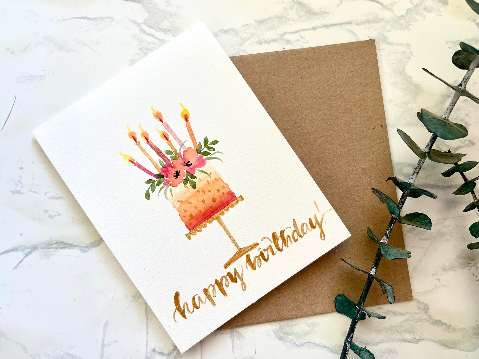 Original Hand Painted Watercolor Birthday Cake Pink Peach - Etsy