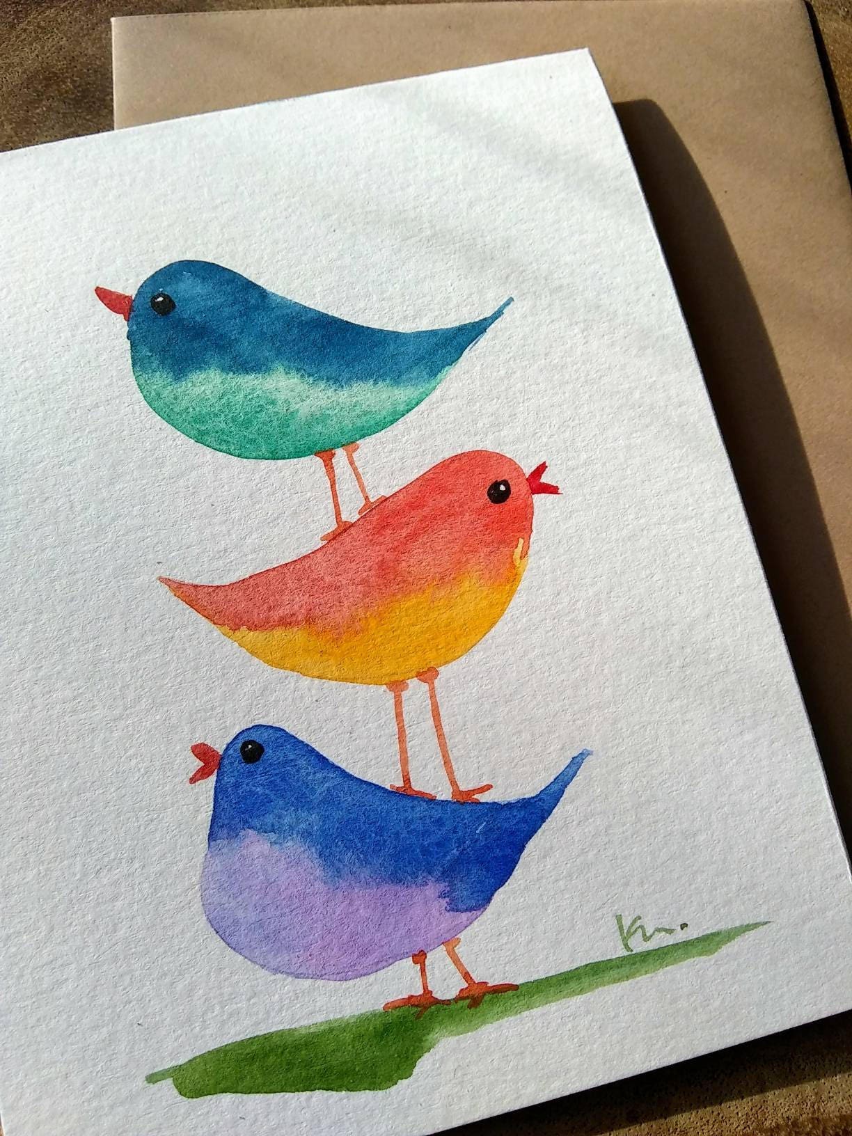 Original Hand Painted Watercolor Rainbow Birds, Blank Greeting, Kid's ...