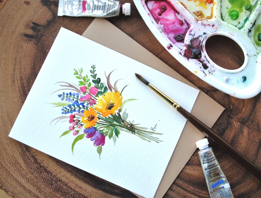 Set of 3, Original, Hand Painted Watercolor, Flower Bunch, Floral,blank ...