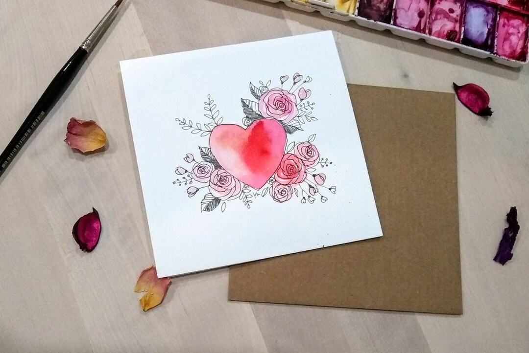 Original Hand Painted, Watercolor, Heart ,roses, Love You, Anniversary ...