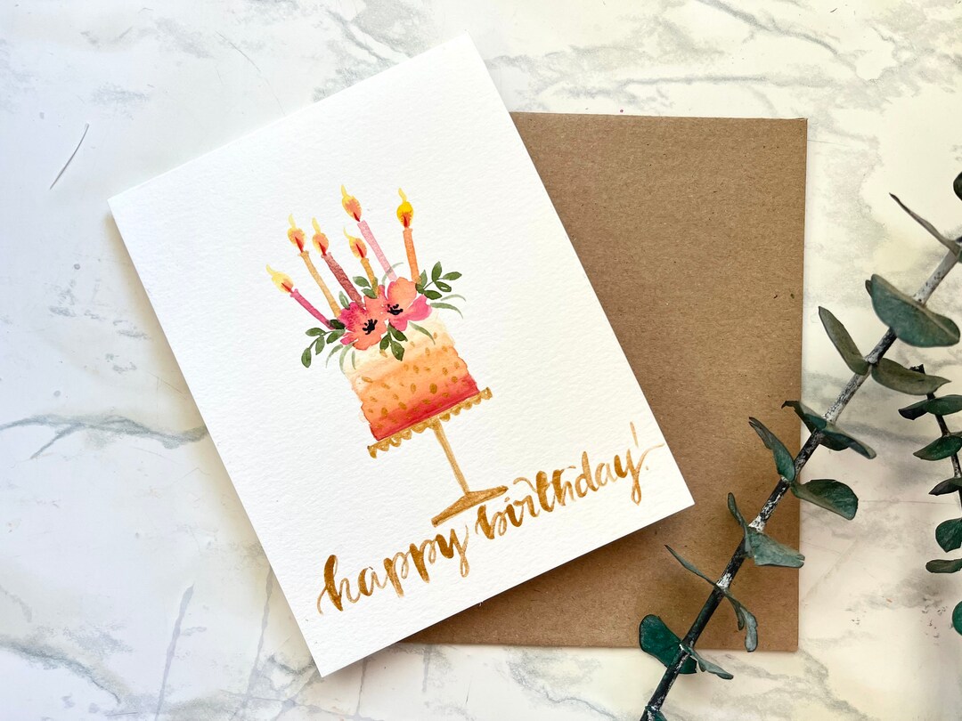 Original Hand Painted Watercolor, Birthday Cake, Pink, Peach, Gold ...