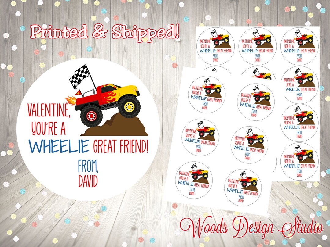 Valentine Stickers // Monster Truck Wheelie Themed // Classroom Favor ...