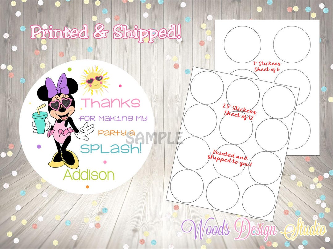 Summer Minnie Mouse Pool Beach Birthday Stickers, Personalized, Printed ...