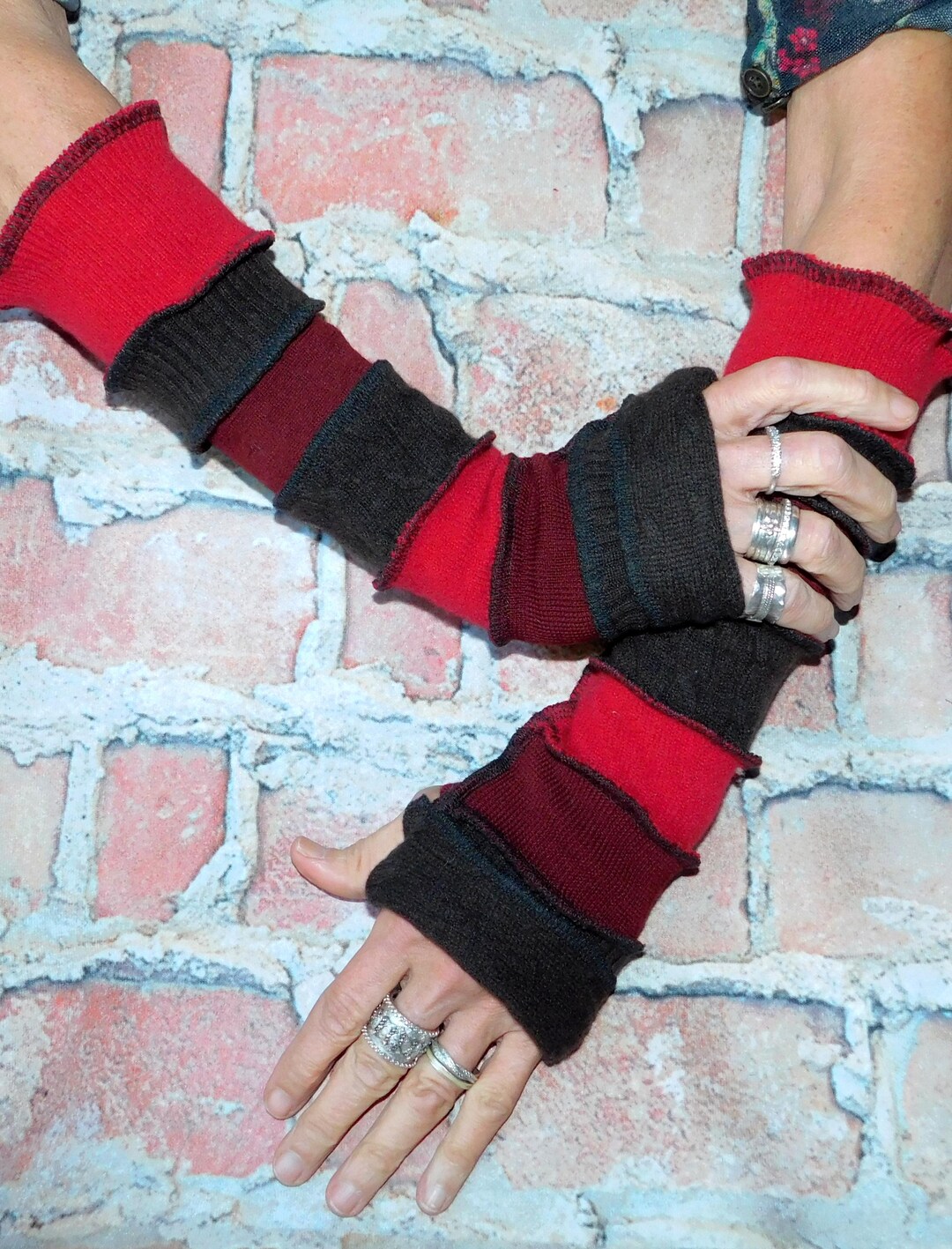 M/L Wool and Cashmere Arm Warmer, Festival Gear Patchwork Glove Boho ...