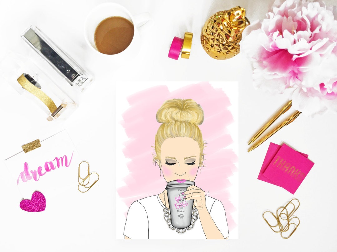 Print of Original Girl Boss, Coffee Lover Illustration, Girl Boss Art ...