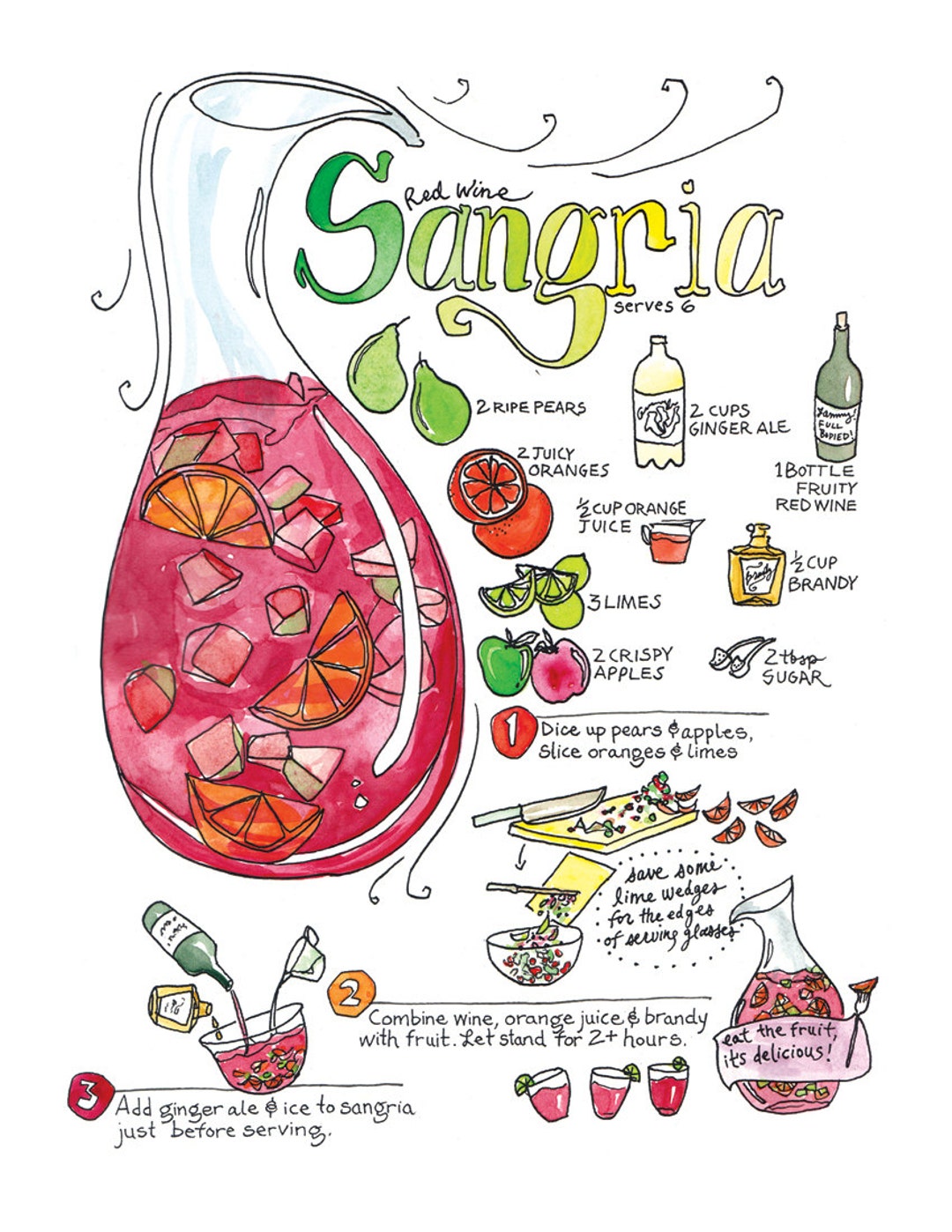 Classic Sangria Cocktail Illustrated Recipe Watercolor Art Print - Etsy