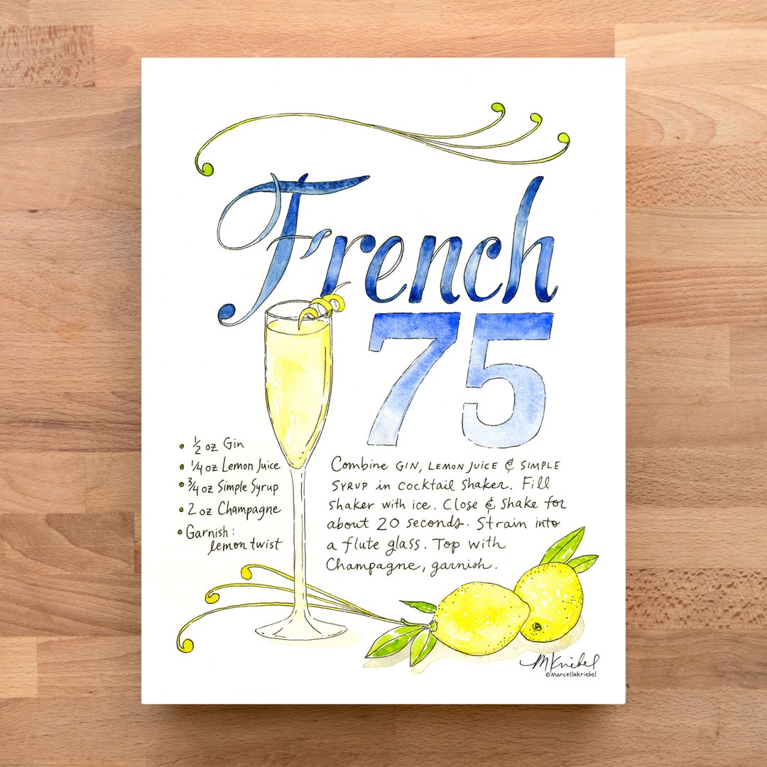 French 75 Cocktail Illustrated Recipe Art Print / Watercolor ...