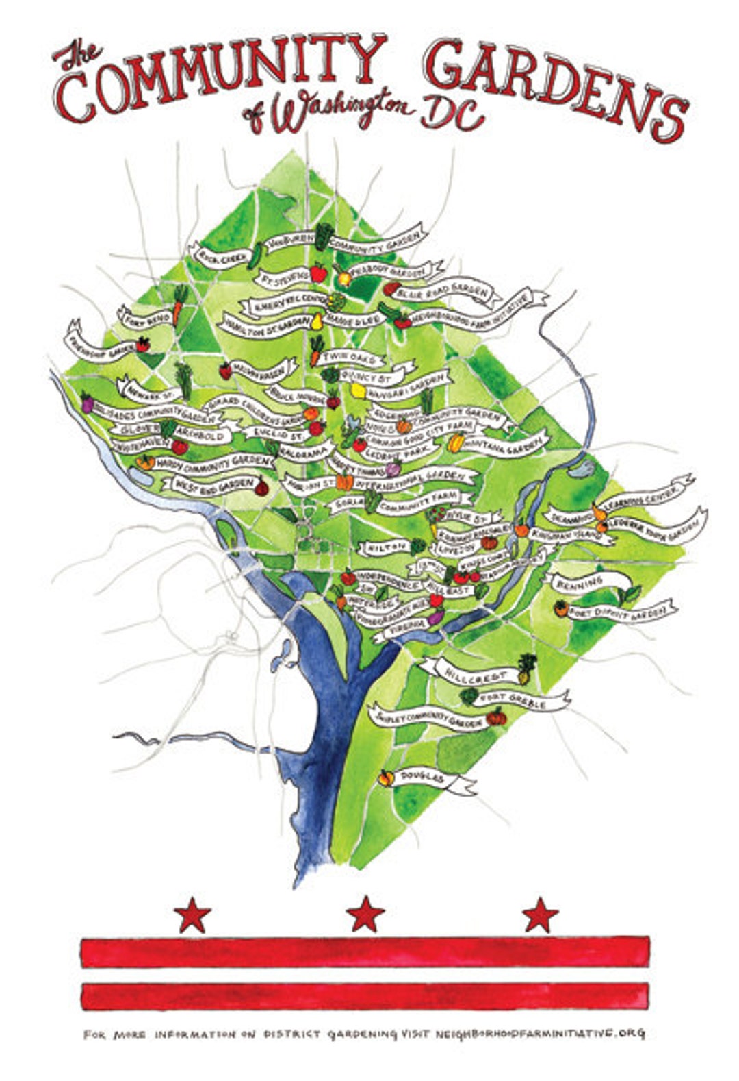 Washington, DC Community Gardens Map / Watercolor Print 9x12 de los ...