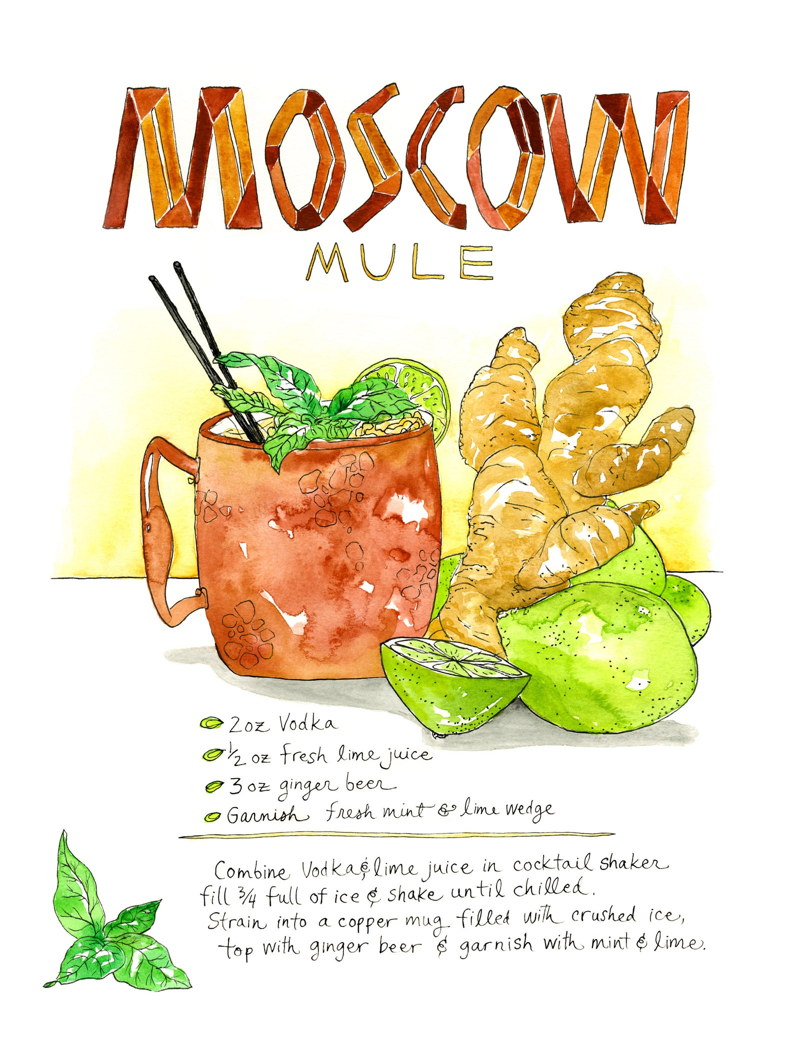 Moscow Mule Cocktail Illustrated Recipe / Kitchen Art Print Craft ...