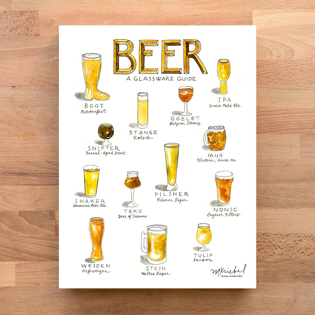 Beer Glassware Guide Watercolor Art Print Illustrated Watercolor - Etsy
