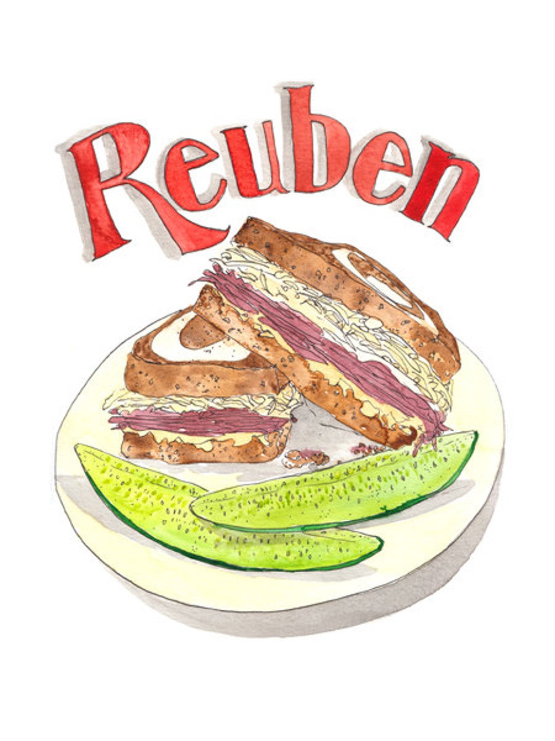 Classic Reuben Sandwich on Rye W/ Pickle Watercolor Illustration Art ...