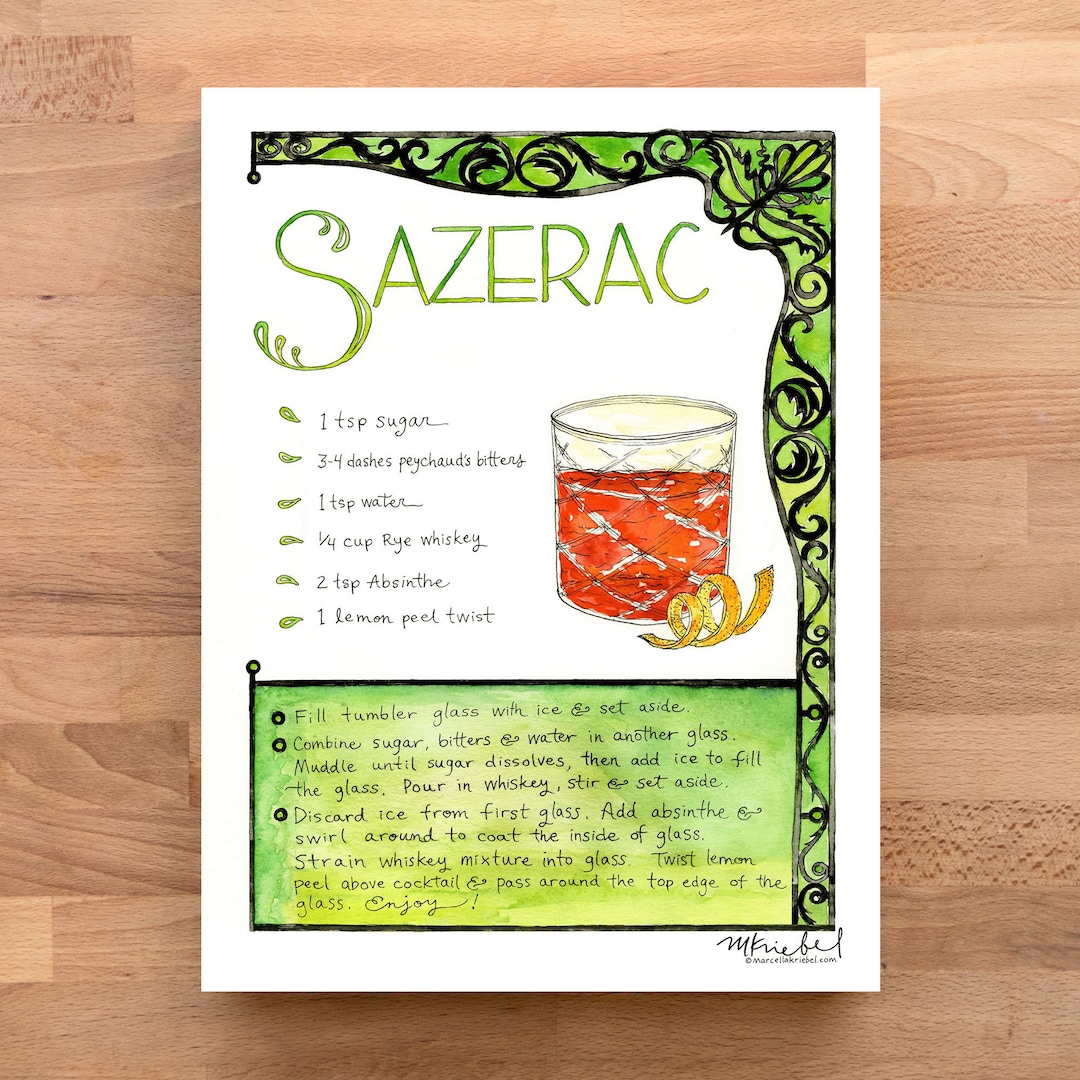 Sazerac Cocktail Recipe Art Print: Illustrated Watercolor Bar Art - Etsy