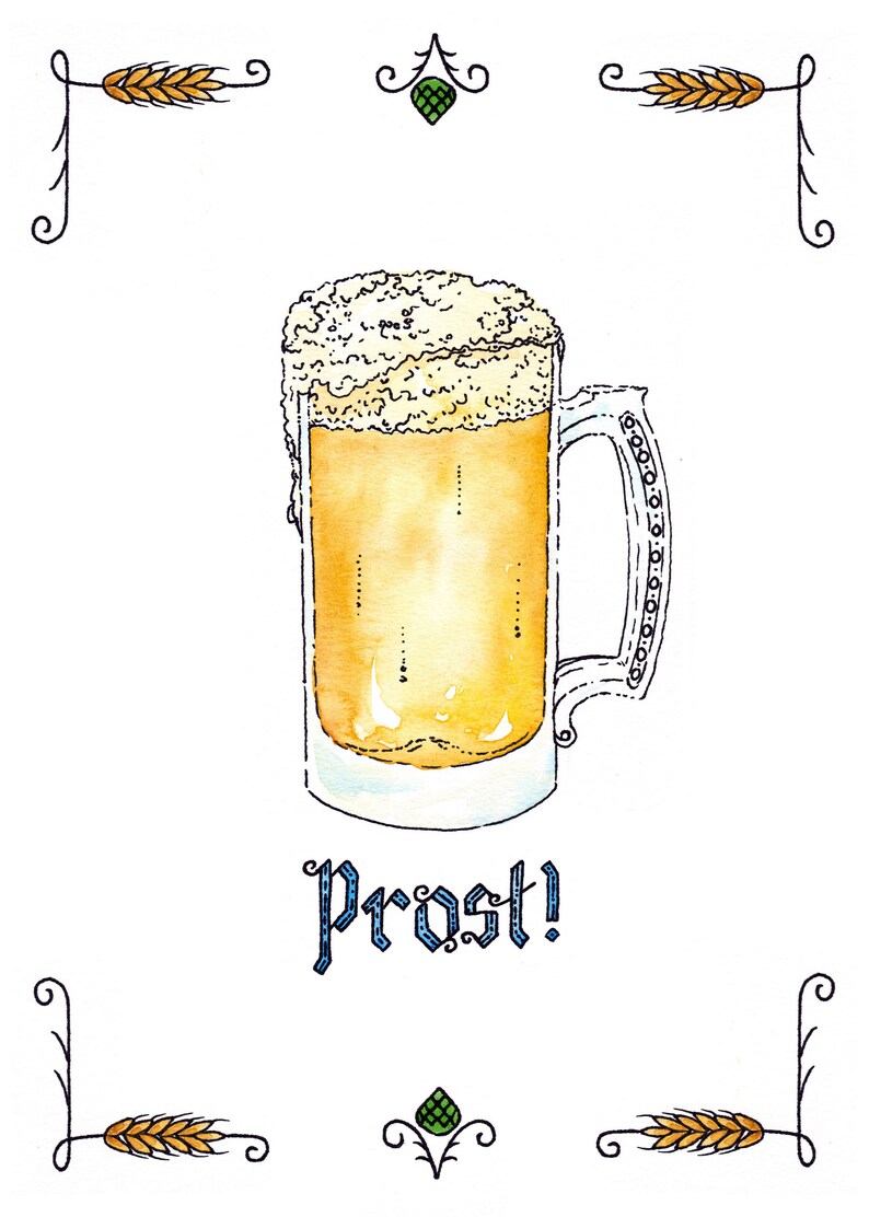 Prost! Beer Stein Illustrated Watercolor Art Print - Etsy