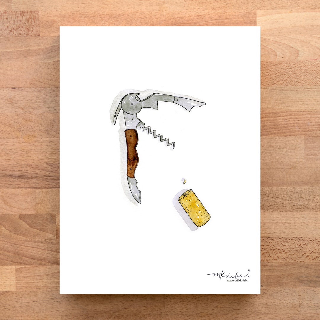 Wine Key and Cork/ Bottle Opener Watercolor Illustration Art Print ...