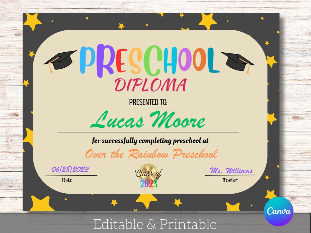 Editable Preschool Graduation Certificate, Preschool Diploma, Preschool ...