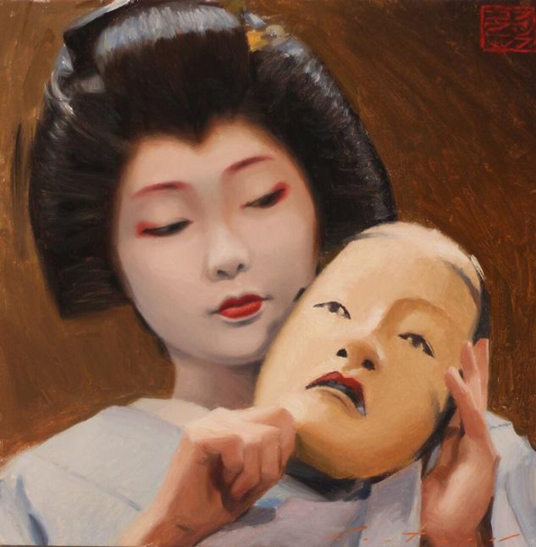 Noh Mask - Oil Painting on 15" X 15" Canvas - Japanese, Geisha, Asian ...