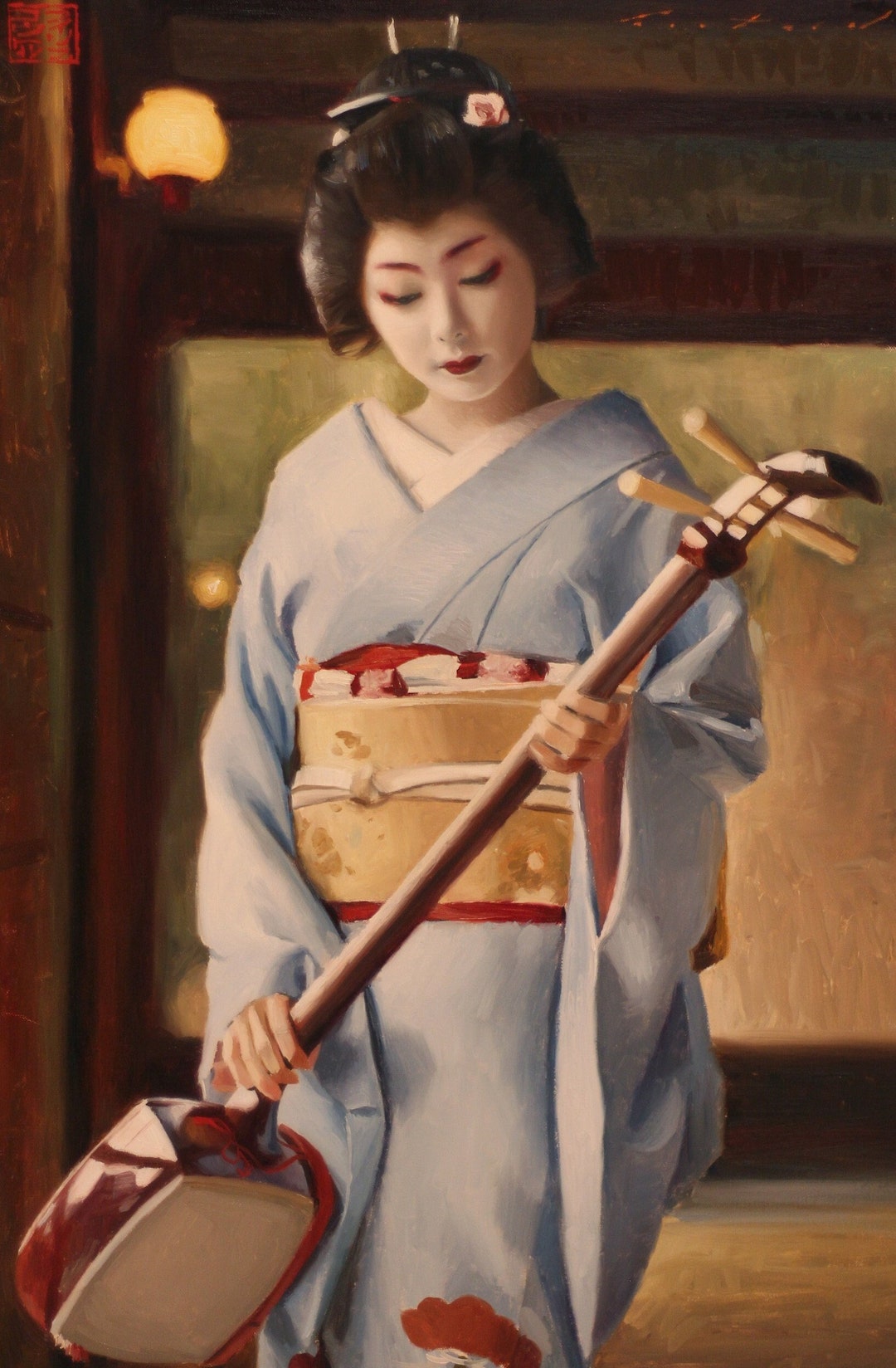 Toshimana and Her Shamisen Oil Painting on 24 X 36 Canvas Japanese ...