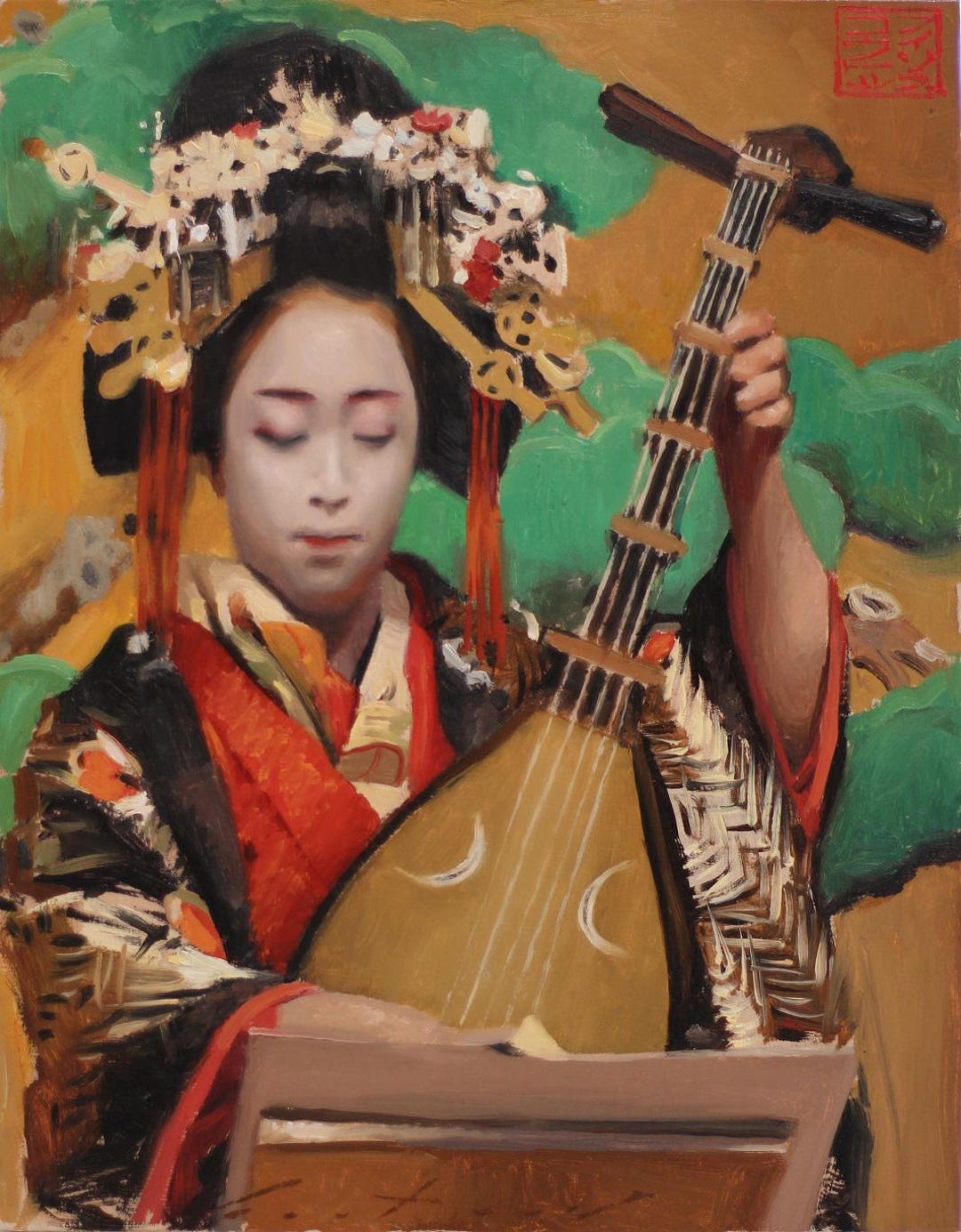 Tayuu and Her Biwa - Oil Paint on 11' X 14" Canvas Board - Japanese ...