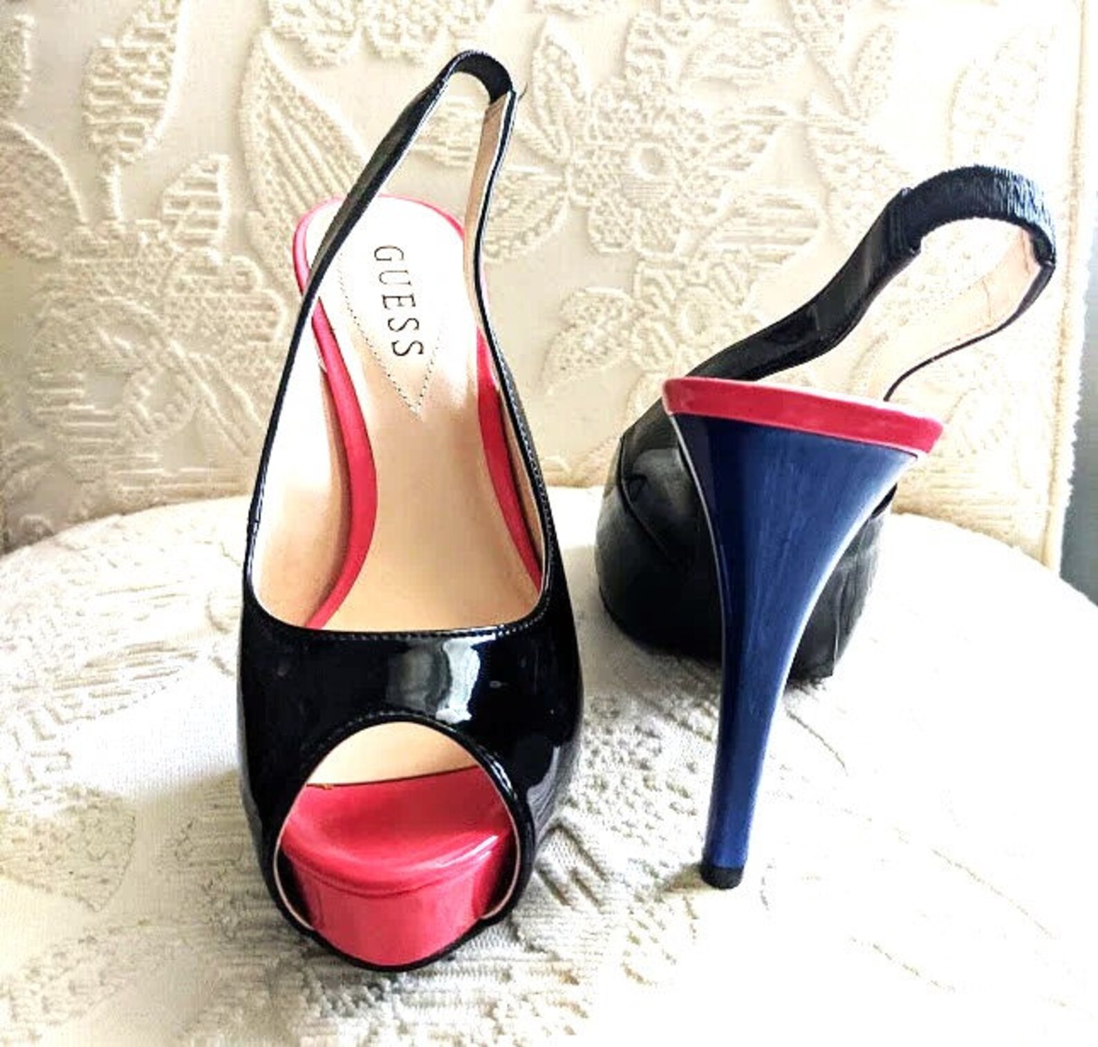 GUESS Black Women's With a Blue Heels and Pink Accent Peep Toe Platform ...