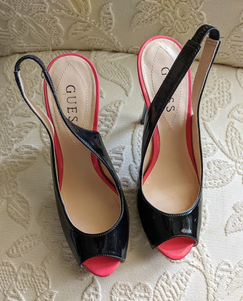 GUESS Black Women's With a Blue Heels and Pink Accent Peep Toe Platform ...