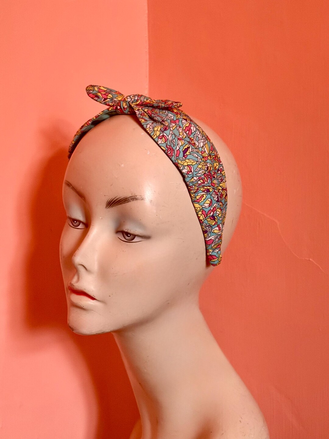 Vintage Style Headband Made From Light Blue Fabric With Yellow and Pink ...