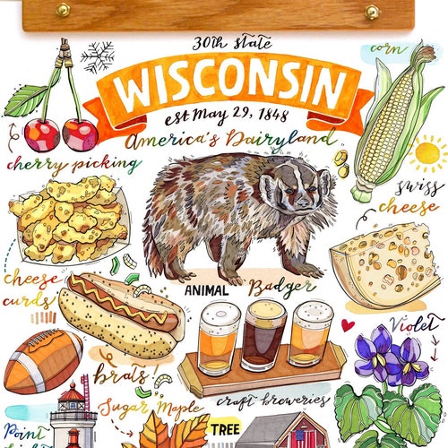 Wisconsin State Print. Illustration. the Badger State. State - Etsy