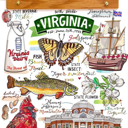 Virginia Print Illustration State Symbols Old Dominion. - Etsy