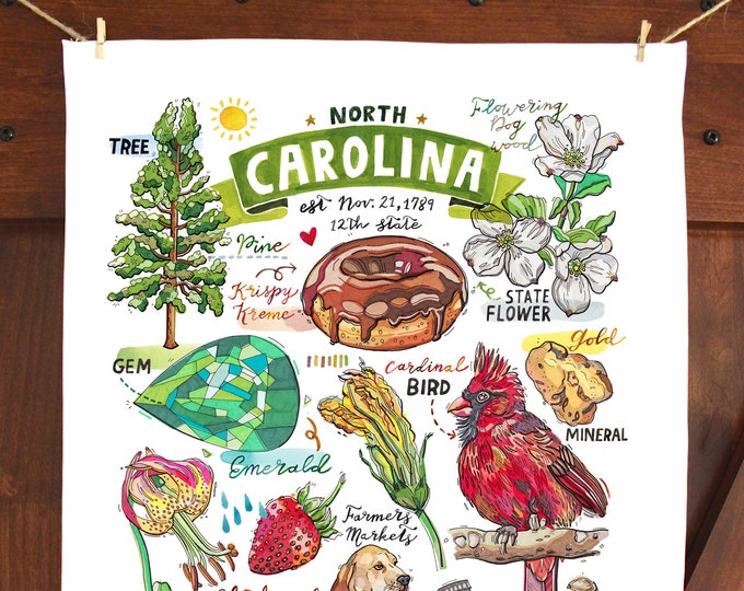 North Carolina Tea Towel. State Art. Illustration. Kitchen Decor. - Etsy