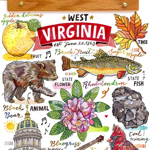 West Virginia Print State Symbols Illustration Map - Etsy