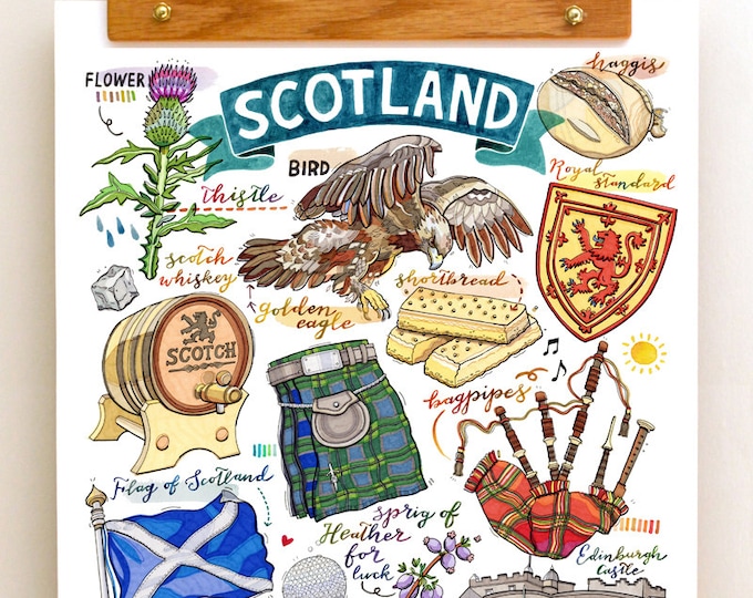 Scotland Print, National Symbols, Illustration, Edinburgh, Bagpipes ...