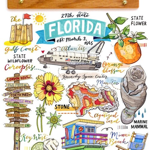 Florida Print State Symbols Illustration State Art Key - Etsy