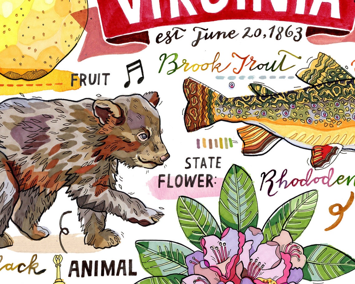 West Virginia Print State Symbols Illustration Map - Etsy