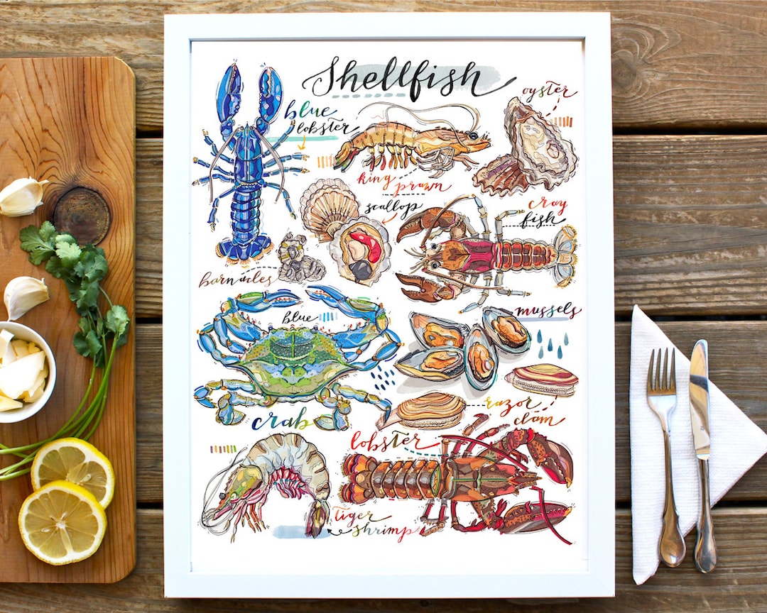 Shellfish Illustration. Seafood Print. Kitchen Decor. Fish Art. Food ...