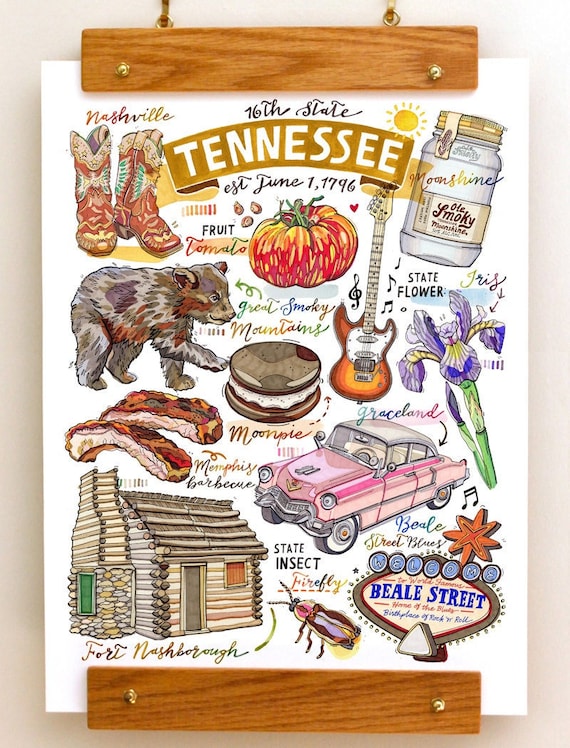 Tennessee Print Illustration State Symbols Nashville Smoky | Etsy