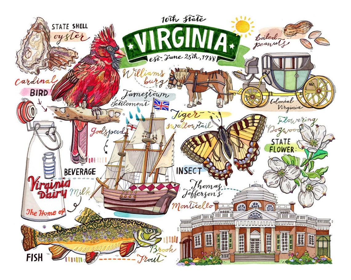 Virginia Print, Illustration, State Symbols, Old Dominion. - Etsy