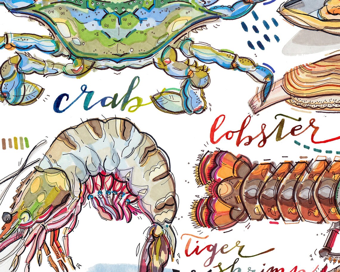 Shellfish illustration. Seafood print. Kitchen decor. Fish | Etsy