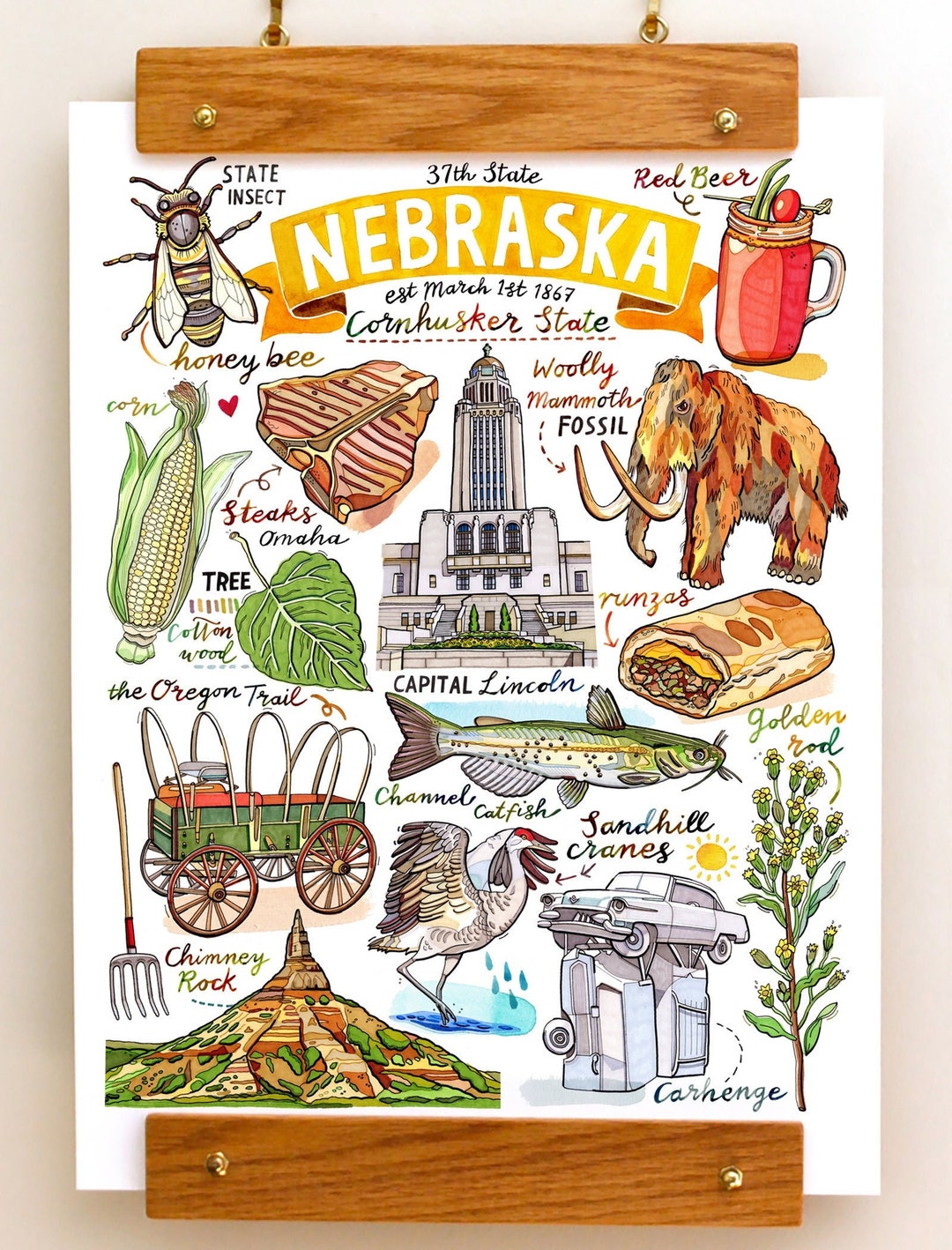 Nebraska State Print. Illustration. Cornhusker State. - Etsy