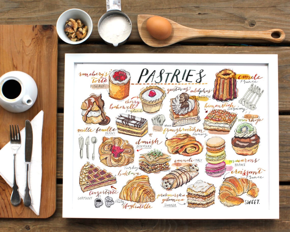 Pastries Print. Bakery. Kitchen Decor. Food Illustration. Sweet Things ...