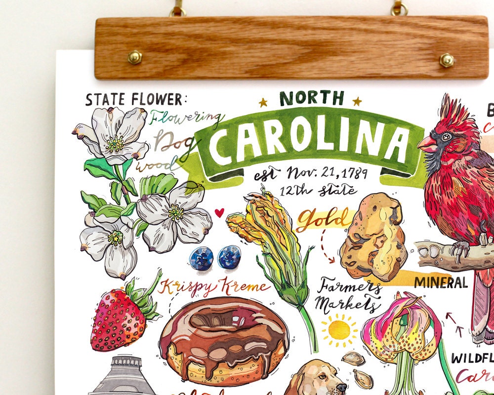 North Carolina Print State Symbols Illustration State Art - Etsy