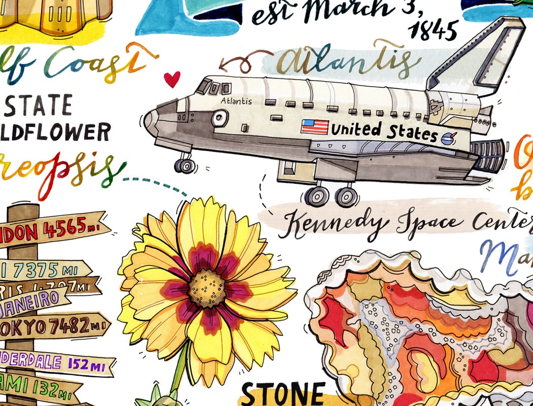 Florida Print State Symbols Illustration State Art Key | Etsy