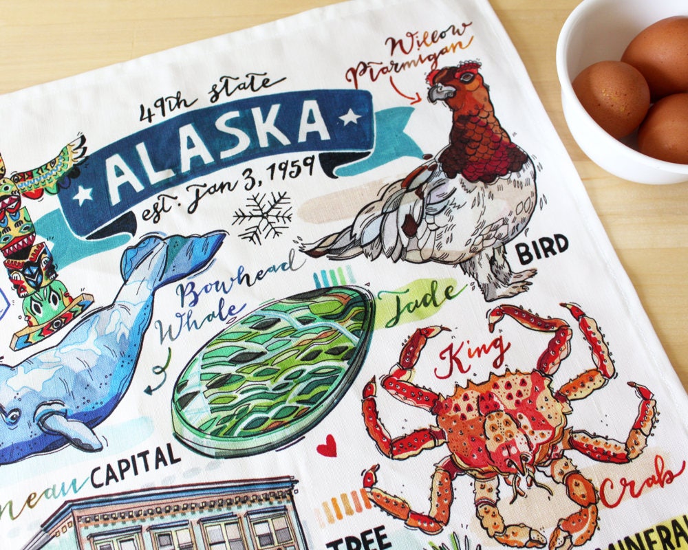 Alaska Tea Towel. Kitchen Decor. Handmade. State Art. Illustration. - Etsy