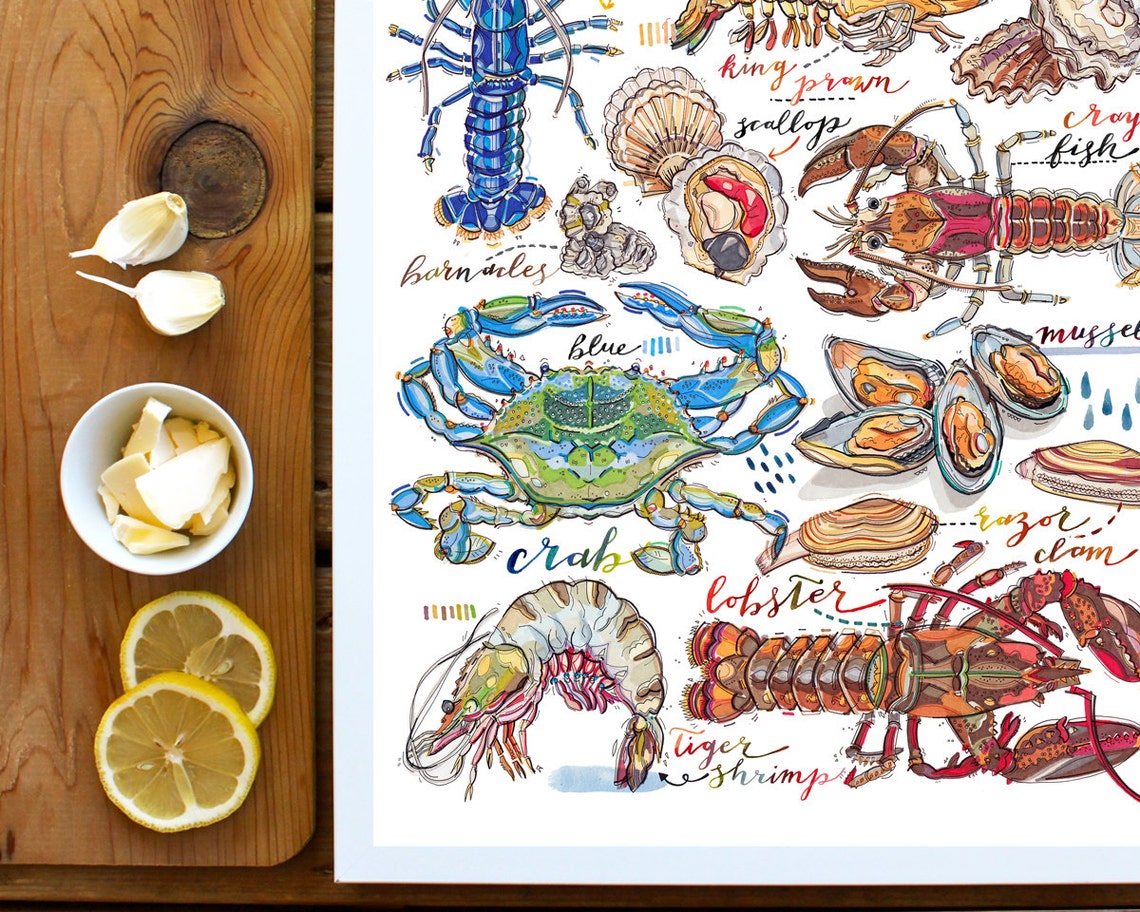 Shellfish Illustration. Seafood Print. Kitchen Decor. Fish - Etsy