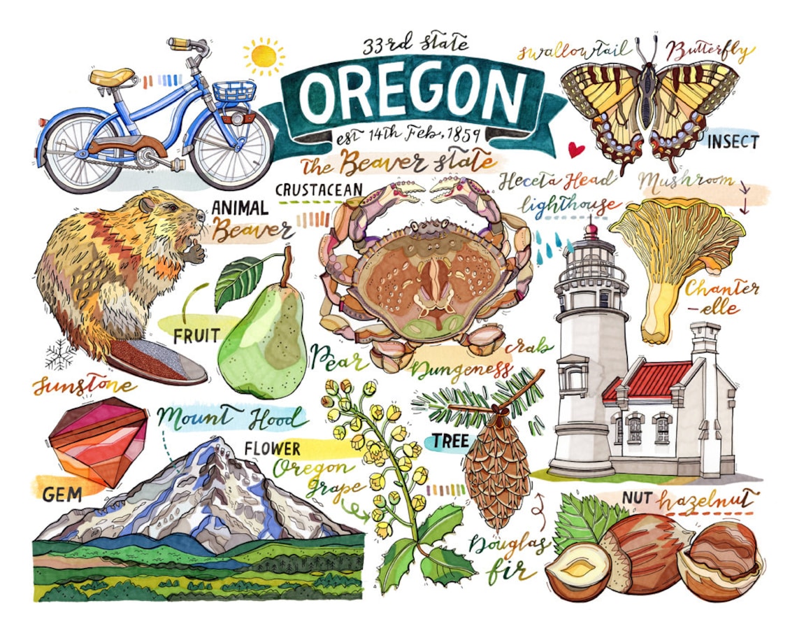 Oregon State Print Beaver State Home Decor State Symbols - Etsy