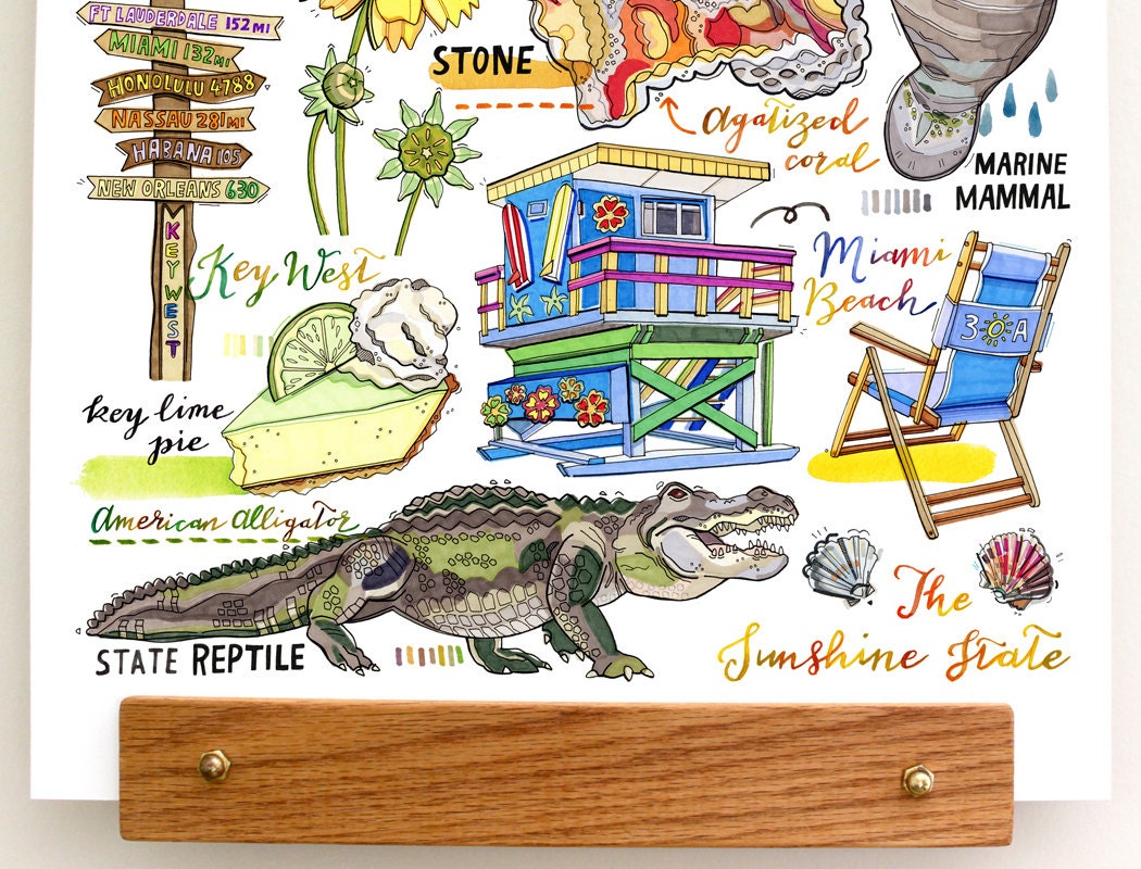 Florida Print State Symbols Illustration State Art Key - Etsy
